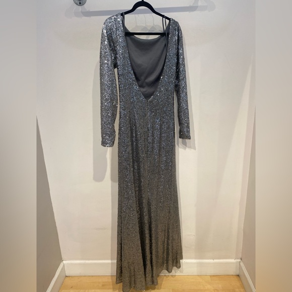 Theia | Dresses | Floor Length Long Sleeve Sequin Size 2 Color Gunmetal ...